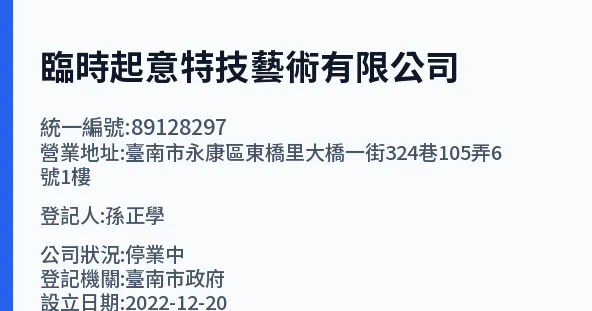臨時起意特技藝術有限公司的照片-統編 89128297(臺南市) 公司登記資料與營業項目詳細圖表
