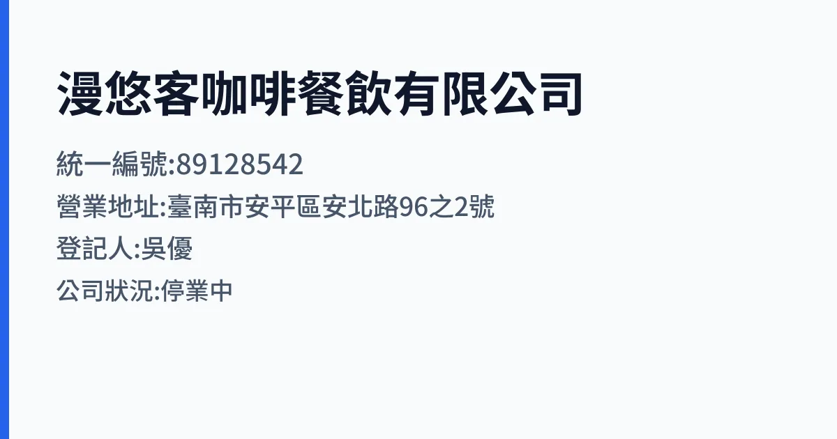漫悠客咖啡餐飲有限公司 - 統編 89128542(臺南市) 公司登記資料與營業項目詳細圖表