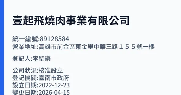 壹起飛燒肉事業有限公司的照片-統編 89128584(臺南市) 公司登記資料與營業項目詳細圖表
