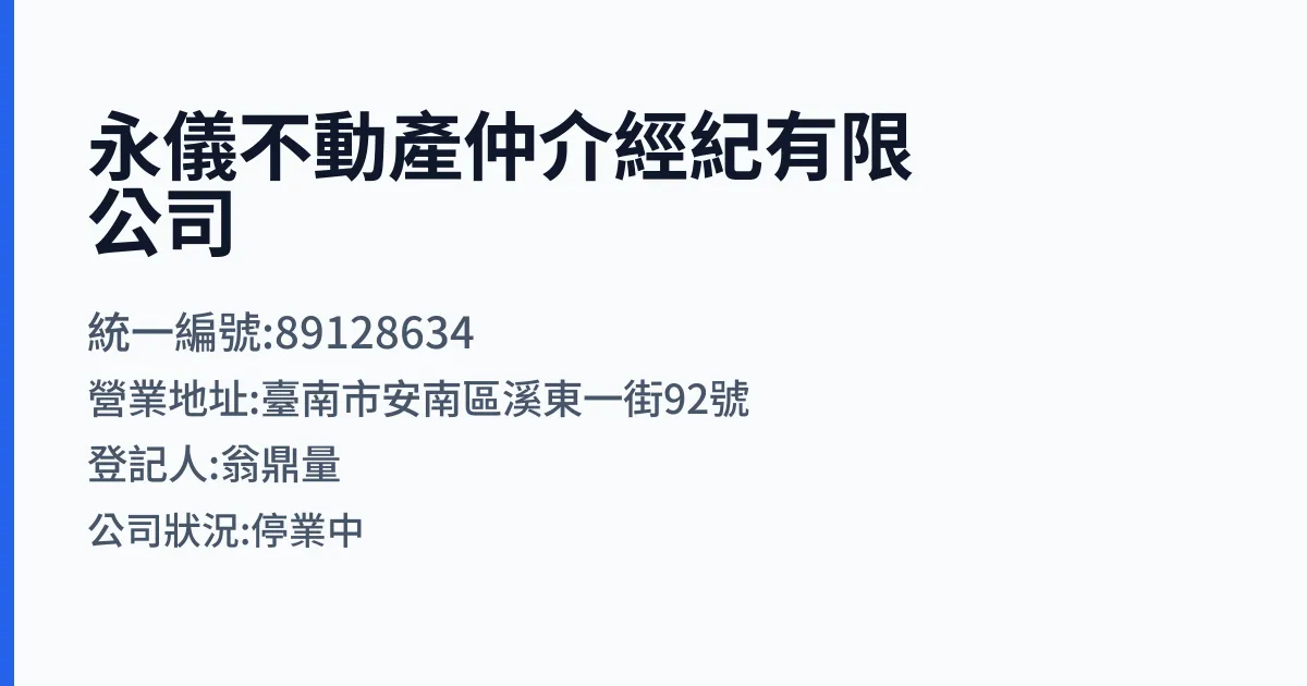 永儀不動產仲介經紀有限公司 - 統編 89128634(臺南市) 公司登記資料與營業項目詳細圖表
