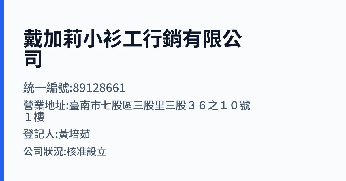 戴加莉小衫工行銷有限公司 - 統編 89128661（臺南市） 公司登記資料與營業項目詳細圖表