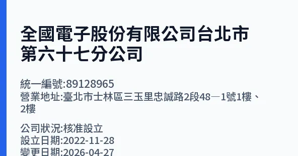全國電子股份有限公司台北市第六十七分公司的照片-統編 89128965(臺北市) 公司登記資料與營業項目詳細圖表