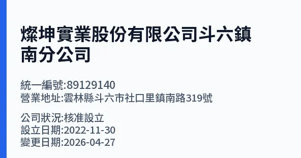 燦坤實業股份有限公司斗六鎮南分公司的照片-統編 89129140(雲林縣) 公司登記資料與營業項目詳細圖表