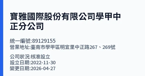寶雅國際股份有限公司學甲中正分公司的照片-統編 89129155(臺南市) 公司登記資料與營業項目詳細圖表