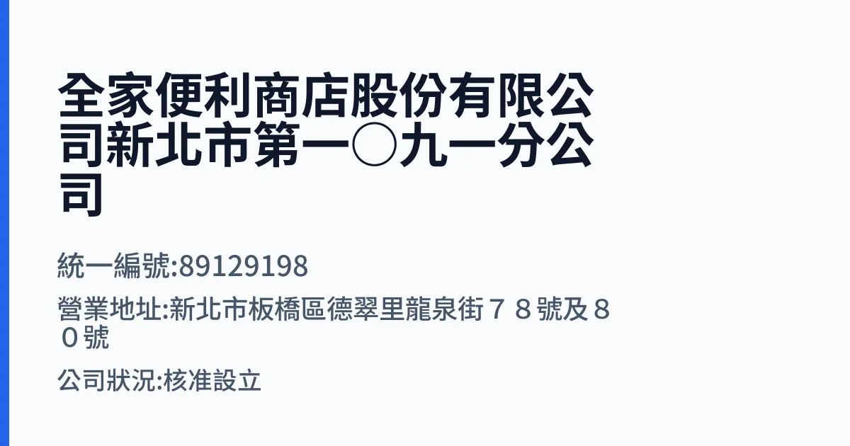 全家便利商店股份有限公司新北市第一○九一分公司 - 統編 89129198(新北市) 公司登記資料與營業項目詳細圖表