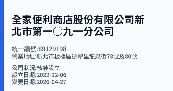全家便利商店股份有限公司新北市第一○九一分公司的照片-統編 89129198(新北市) 公司登記資料與營業項目詳細圖表