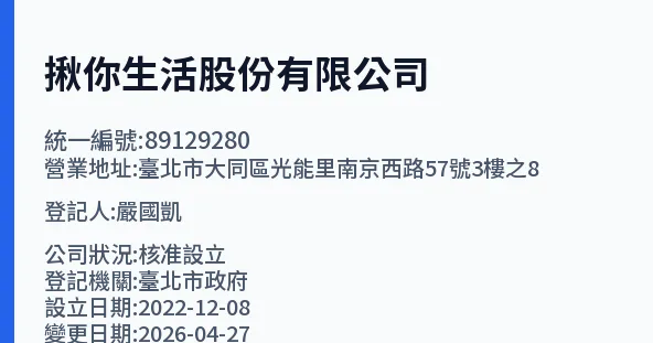 揪你生活股份有限公司的照片-統編 89129280(臺北市) 公司登記資料與營業項目詳細圖表