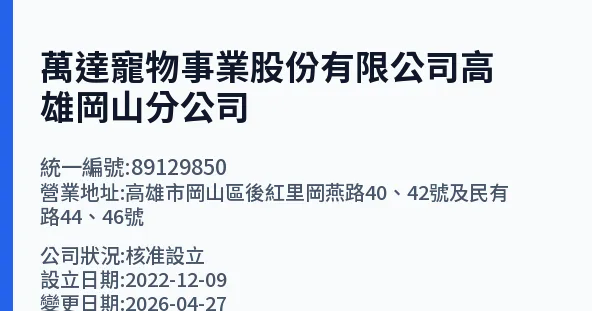萬達寵物事業股份有限公司高雄岡山分公司的照片-統編 89129850(高雄市) 公司登記資料與營業項目詳細圖表