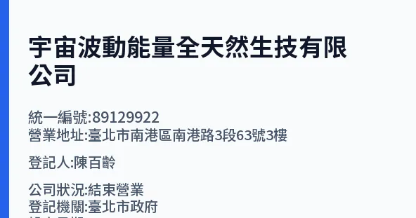 宇宙波動能量全天然生技有限公司的照片-統編 89129922(臺北市) 公司登記資料與營業項目詳細圖表