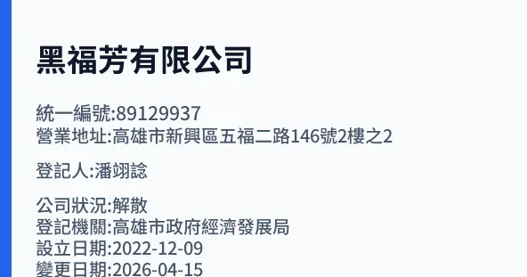 黑福芳有限公司的照片-統編 89129937(高雄市) 公司登記資料與營業項目詳細圖表