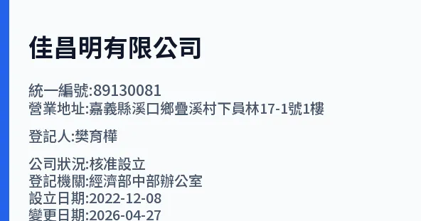 佳昌明有限公司的照片-統編 89130081(嘉義縣) 公司登記資料與營業項目詳細圖表