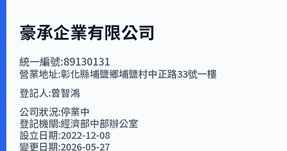 豪承企業有限公司的照片-統編 89130131(彰化縣) 公司登記資料與營業項目詳細圖表