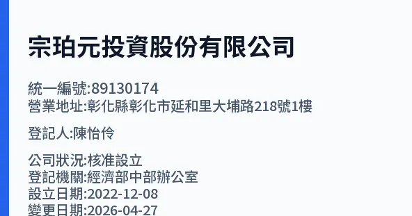 宗珀元投資股份有限公司的照片-統編 89130174(彰化縣) 公司登記資料與營業項目詳細圖表