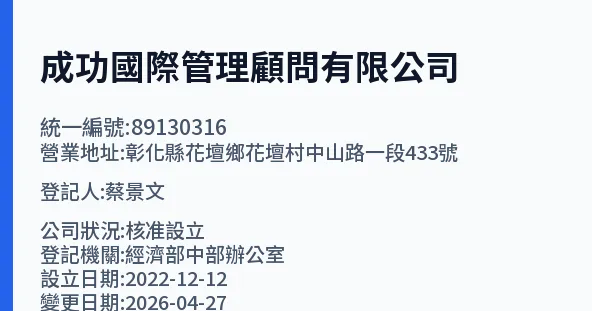 成功國際管理顧問有限公司的照片-統編 89130316(彰化縣) 公司登記資料與營業項目詳細圖表