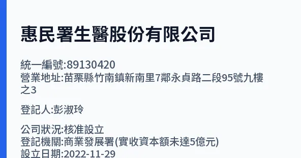 惠民署生醫股份有限公司的照片-統編 89130420(苗栗縣) 公司登記資料與營業項目詳細圖表