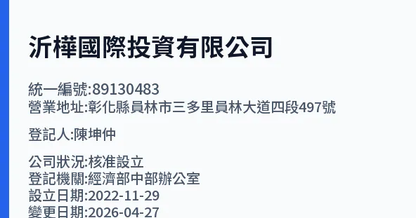 沂樺國際投資有限公司的照片-統編 89130483(彰化縣) 公司登記資料與營業項目詳細圖表