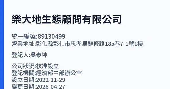 樂大地生態顧問有限公司的照片-統編 89130499(彰化縣) 公司登記資料與營業項目詳細圖表
