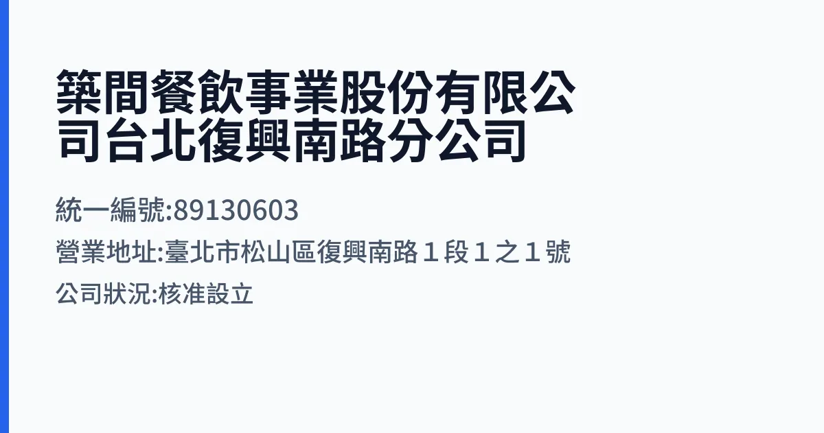 築間餐飲事業股份有限公司台北復興南路分公司 - 統編 89130603(臺北市) 公司登記資料與營業項目詳細圖表