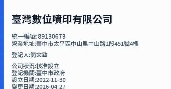 臺灣數位噴印有限公司的照片-統編 89130673(臺中市) 公司登記資料與營業項目詳細圖表