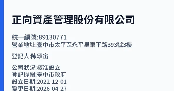正向資產管理股份有限公司的照片-統編 89130771(臺中市) 公司登記資料與營業項目詳細圖表