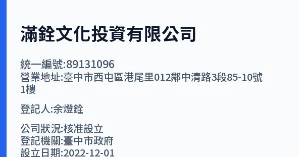 滿銓文化投資有限公司的照片-統編 89131096(臺中市) 公司登記資料與營業項目詳細圖表