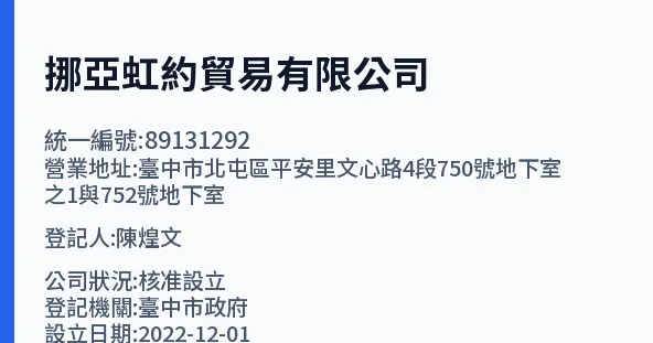 挪亞虹約貿易有限公司的照片-統編 89131292(臺中市) 公司登記資料與營業項目詳細圖表