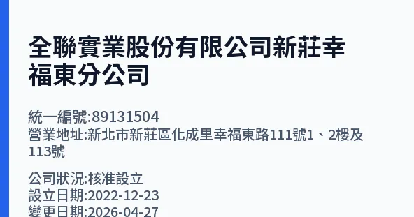 全聯實業股份有限公司新莊幸福東分公司的照片-統編 89131504(新北市) 公司登記資料與營業項目詳細圖表