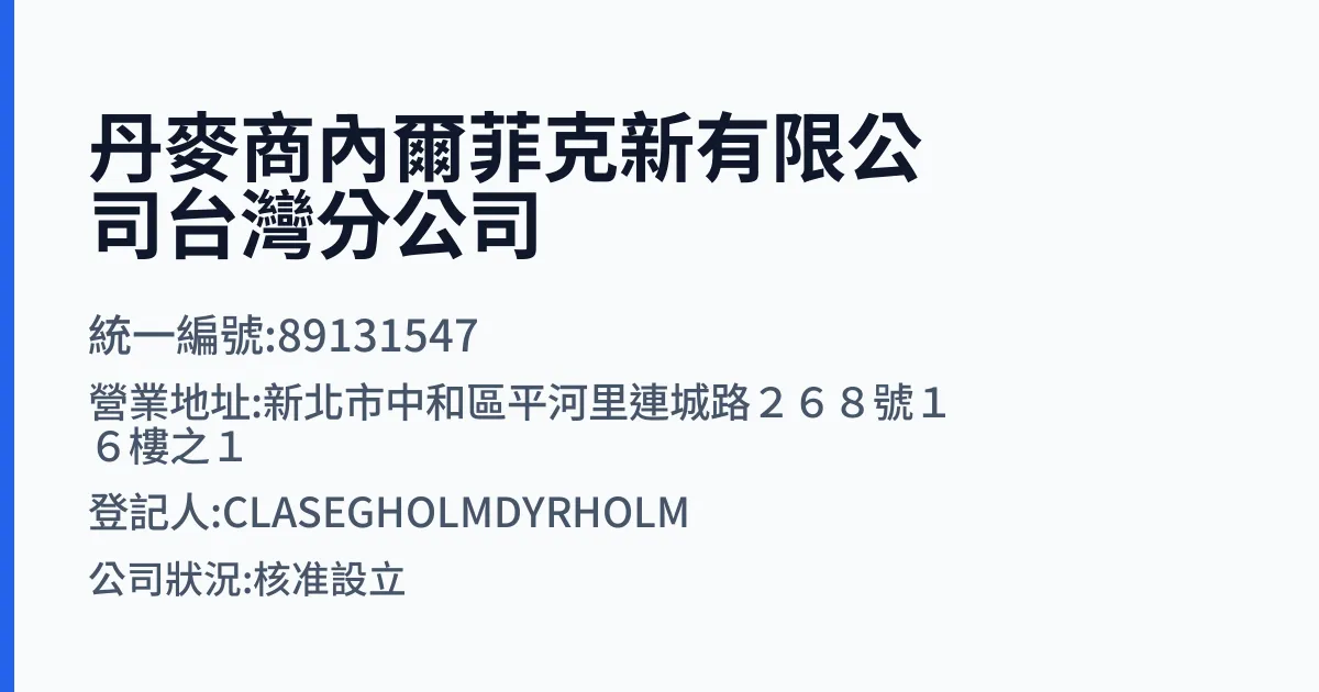 丹麥商內爾菲克新有限公司台灣分公司 - 統編 89131547(新北市) 公司登記資料與營業項目詳細圖表