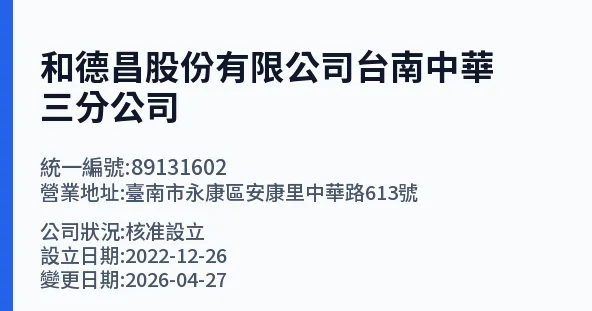 和德昌股份有限公司台南中華三分公司的照片-統編 89131602(臺南市) 公司登記資料與營業項目詳細圖表