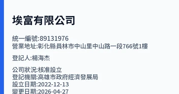 埃富有限公司的照片-統編 89131976(彰化縣) 公司登記資料與營業項目詳細圖表