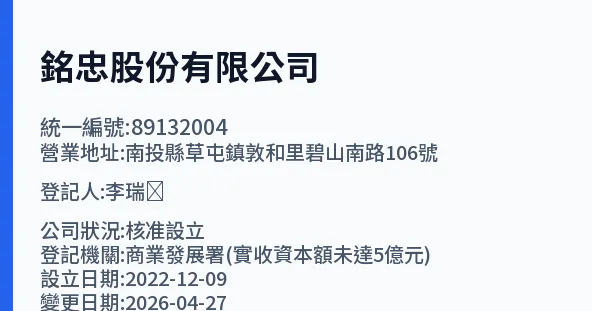 銘忠股份有限公司的照片-統編 89132004(南投縣) 公司登記資料與營業項目詳細圖表