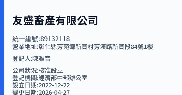 友盛畜產有限公司的照片-統編 89132118(彰化縣) 公司登記資料與營業項目詳細圖表