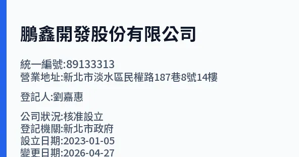 鵬鑫開發股份有限公司的照片-統編 89133313(新北市) 公司登記資料與營業項目詳細圖表