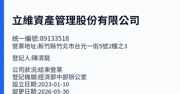 立維資產管理股份有限公司的照片-統編 89133518(新竹縣) 公司登記資料與營業項目詳細圖表