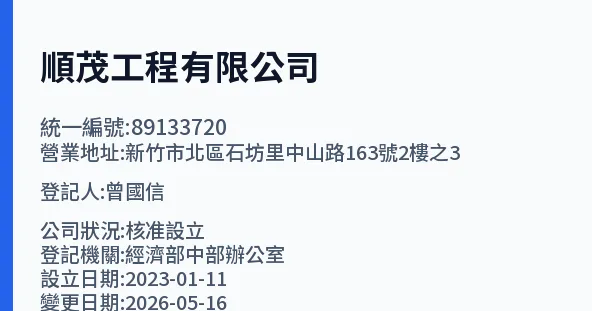 順茂工程有限公司的照片-統編 89133720(新竹市) 公司登記資料與營業項目詳細圖表