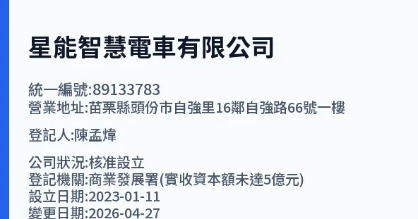 星能智慧電車有限公司的照片-統編 89133783(苗栗縣) 公司登記資料與營業項目詳細圖表