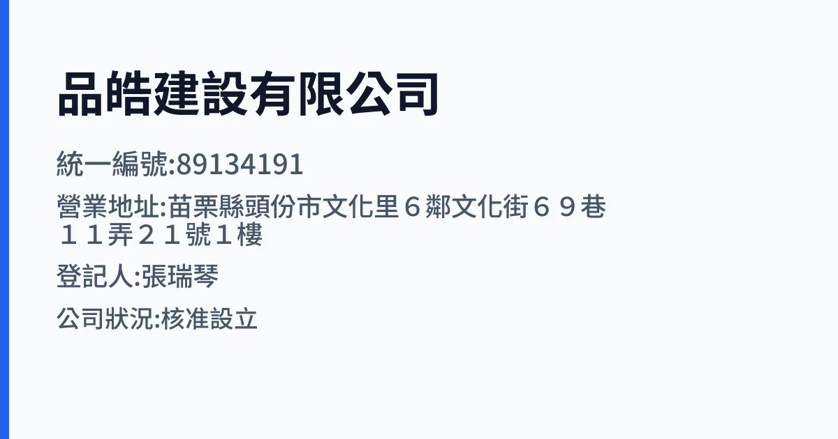 品皓建設有限公司 - 統編 89134191(苗栗縣) 公司登記資料與營業項目詳細圖表