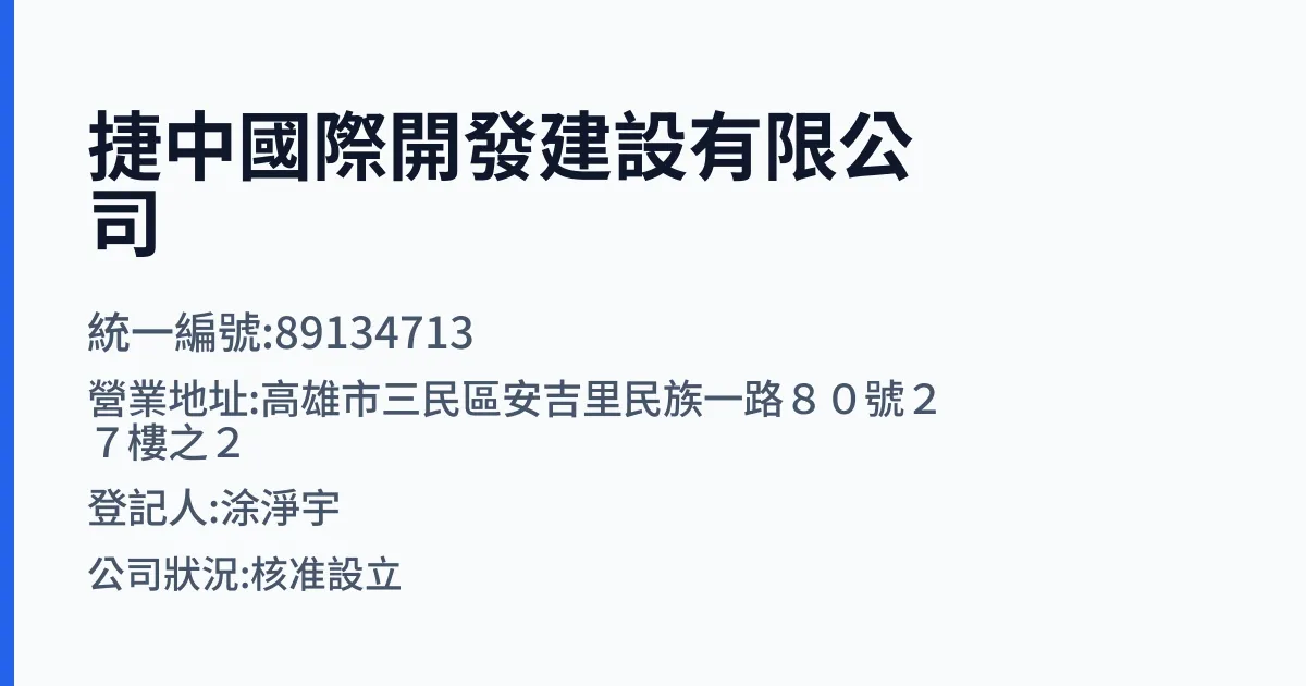 捷中國際開發建設有限公司 - 統編 89134713(屏東縣) 公司登記資料與營業項目詳細圖表