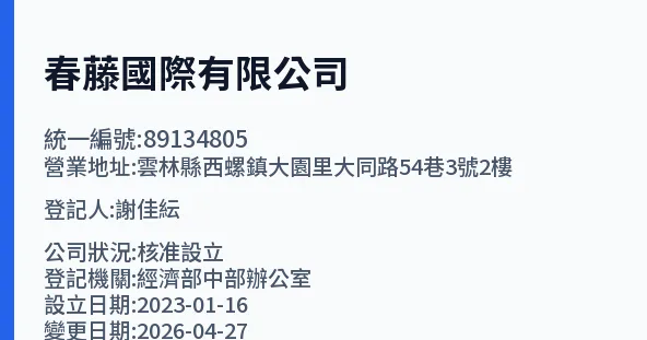 春藤國際有限公司的照片-統編 89134805(雲林縣) 公司登記資料與營業項目詳細圖表
