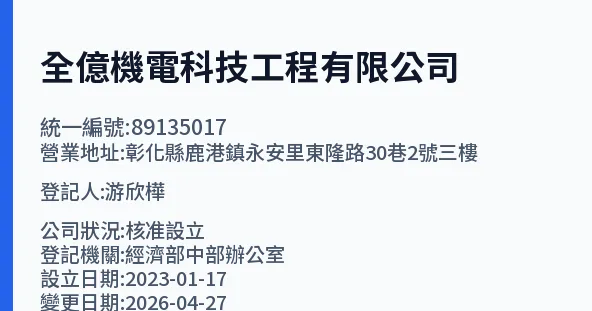 全億機電科技工程有限公司的照片-統編 89135017(彰化縣) 公司登記資料與營業項目詳細圖表