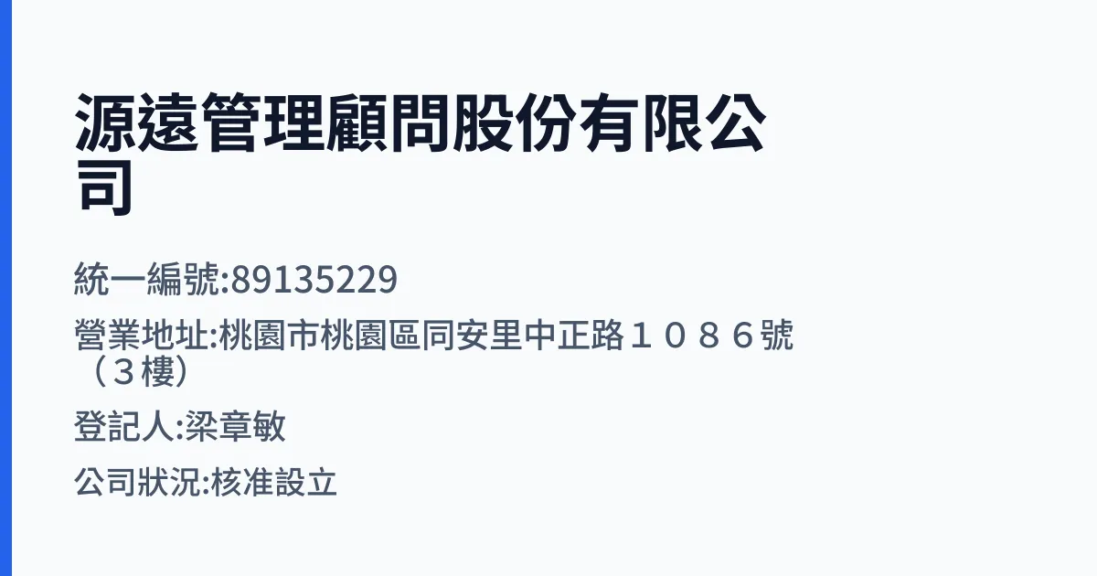 源遠管理顧問股份有限公司 - 統編 89135229(桃園市) 公司登記資料與營業項目詳細圖表