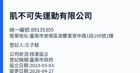 肌不可失運動有限公司的照片-統編 89135305(臺南市) 公司登記資料與營業項目詳細圖表