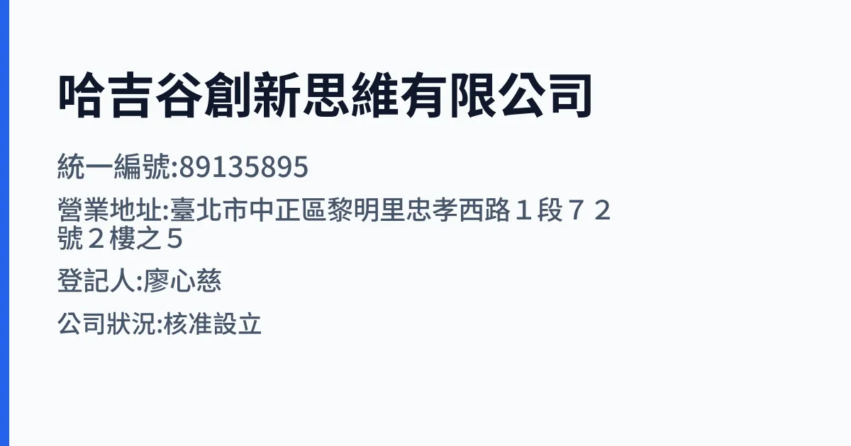哈吉谷創新思維有限公司 - 統編 89135895(臺北市) 公司登記資料與營業項目詳細圖表
