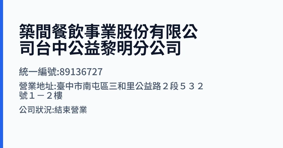 築間餐飲事業股份有限公司台中公益黎明分公司 - 統編 89136727(臺中市) 公司登記資料與營業項目詳細圖表