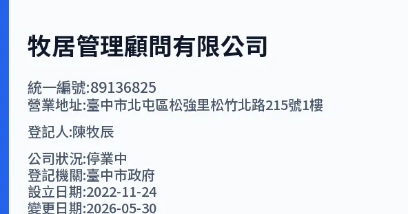 牧居管理顧問有限公司的照片-統編 89136825(臺中市) 公司登記資料與營業項目詳細圖表