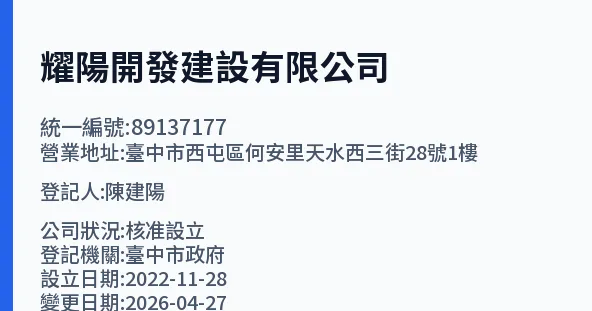 耀陽開發建設有限公司的照片-統編 89137177(臺中市) 公司登記資料與營業項目詳細圖表