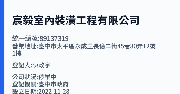 宸毅室內裝潢工程有限公司的照片-統編 89137319(臺中市) 公司登記資料與營業項目詳細圖表