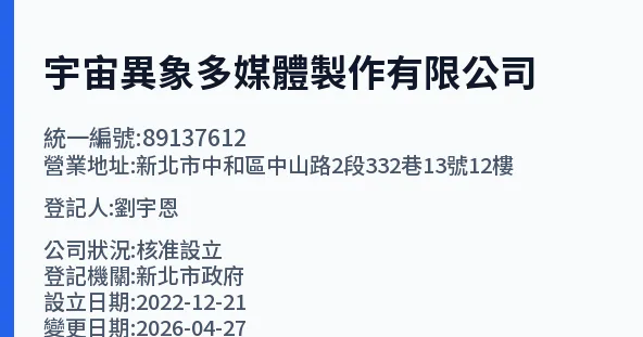 宇宙異象多媒體製作有限公司的照片-統編 89137612(新北市) 公司登記資料與營業項目詳細圖表