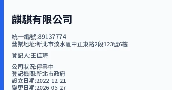 麒騏有限公司的照片-統編 89137774(新北市) 公司登記資料與營業項目詳細圖表