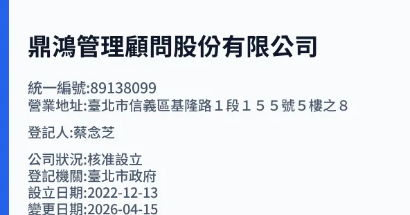 鼎鴻管理顧問股份有限公司的照片-統編 89138099(臺北市) 公司登記資料與營業項目詳細圖表